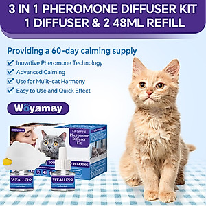 Woyamay Cat Calming Diffuser Kit - 3-in-1 Cat Pheromone Diffuser for Anxiety & Stress Relief-Includes 1 Diffuser and 2 Refill Vials (48ml Each)-Provides 60 Days of Comfort and Relaxation for Your Cat