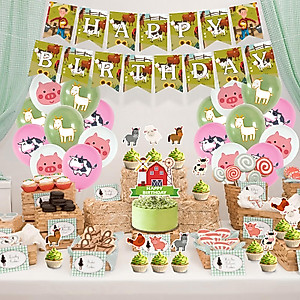 Ipalmay Farm Birthday Party Supplies - 32pcs Rustic Barnyard Kids Party Decorations, Colorful Cow Sheep Pig Balloons, Happy Birthday Banner, Animal Cup Cake Toppers, Boy Girl Teens Party Backdrop