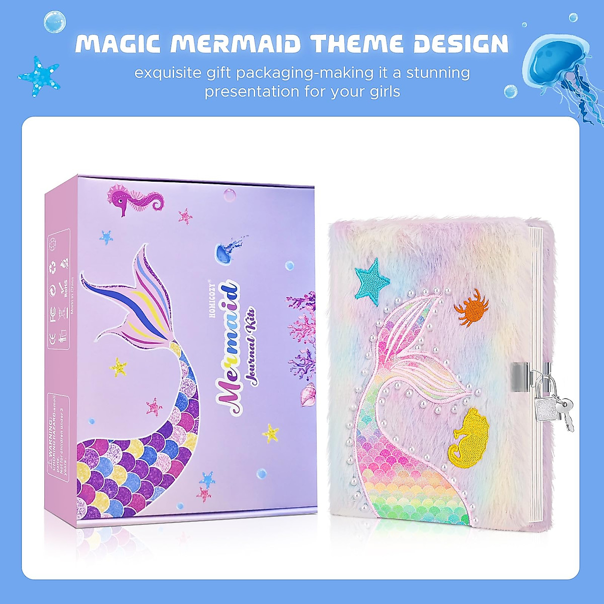 homicozy Mermaid Diary for Girls with Lock and Keys,Tie-Dye Fuzzy Journal for Kids with 160 Lined Pages,Fluffy Secret Notebook for Writing and Drawing,Gifts for Girls Over 3 Years Old,Pink