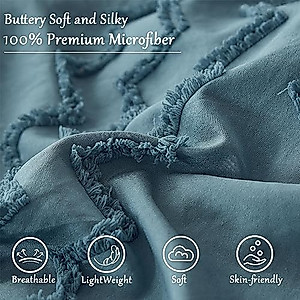 Senville Duvet Cover Queen Size,Blue Tufted Duvet Cover with Jacquard Rhombus Geometric Pattern,3 Pieces Boho Textured Shabby Chic Bedding Set with Zipper Closure for All Season (Denim Blue,Queen)