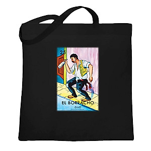 Pop Threads El Borracho Drunk Loteria Card Mexican Latina Graphic Tote Bag for Adults Black 15x15 inches