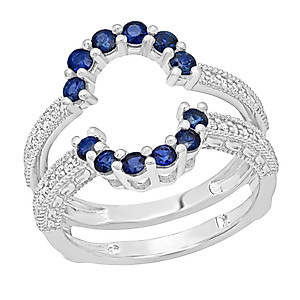 Dazzlingrock Collection Round Blue Sapphire & White Diamond Ladies Enhancer Curved Double Guard Matching Wedding Band | 925 Sterling Silver, Size 8
