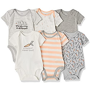 Amazon Essentials Unisex Babies' Short-Sleeve Bodysuits, Pack of 6, Multicolor/Bunny/Carrots/Rugby Stripe, 6-9 Months