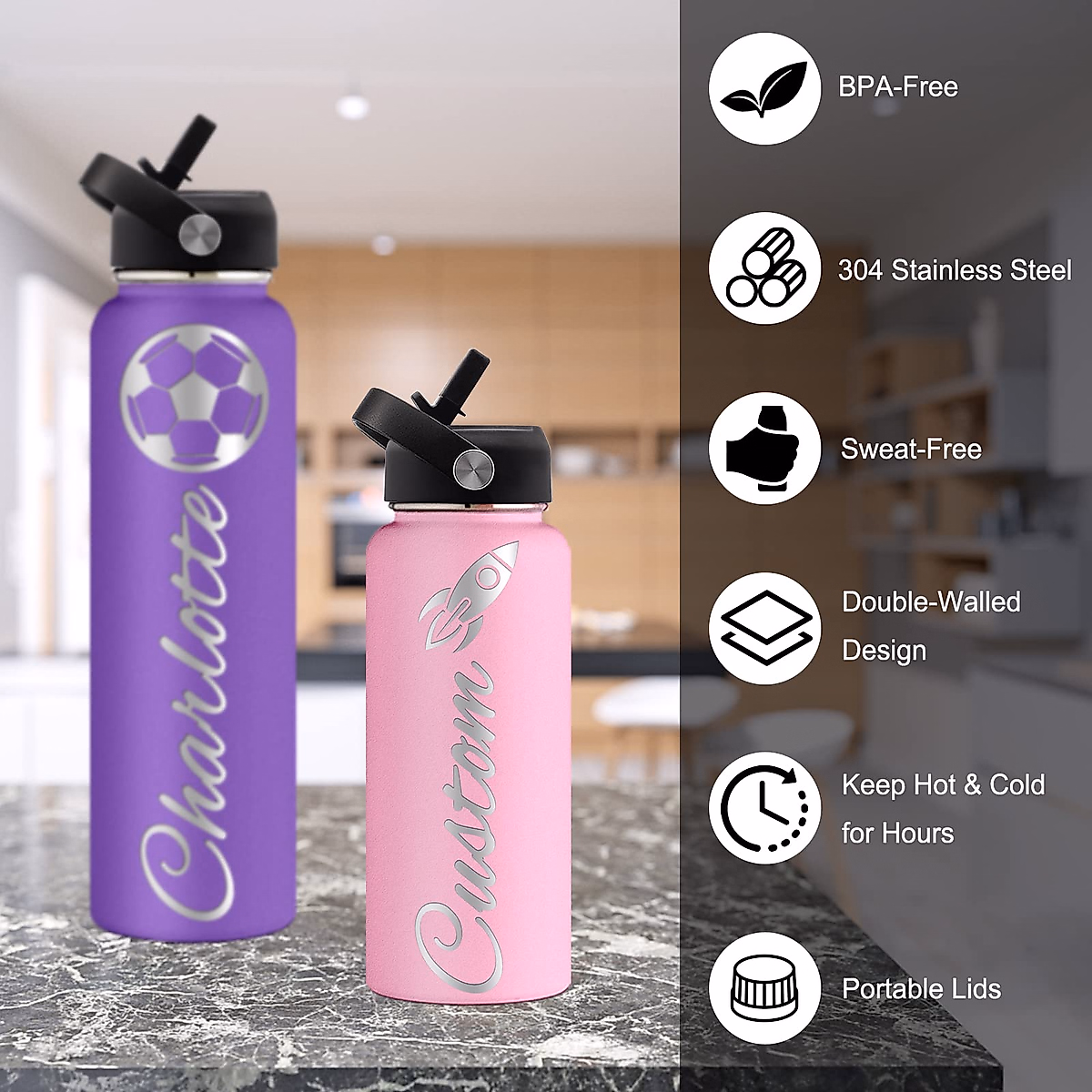 Custom Water Bottles Personalized with Straw Lid 24 oz Customized Stainless Steel Water Bottles with Engraved Names Double Wall Insulated for School Sports