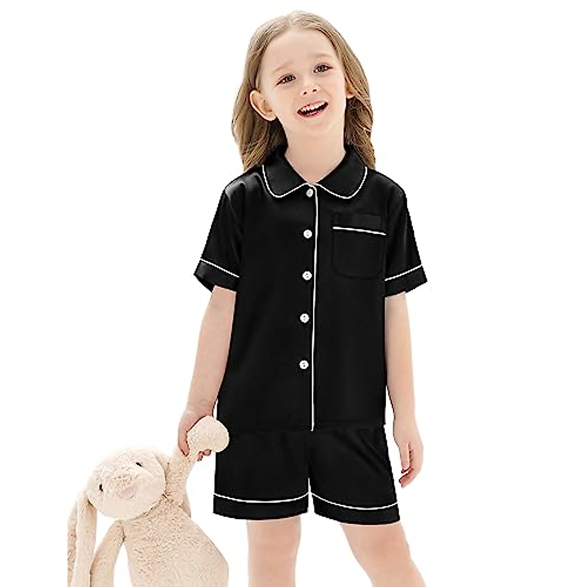 SWOMOG Kids Satin Pajama Set Size 6-7 Girls Boys Button Down Sleepwear Silk Pjs Set Short Sleeve 2 Pcs Summer Outfits Shorts Set Black