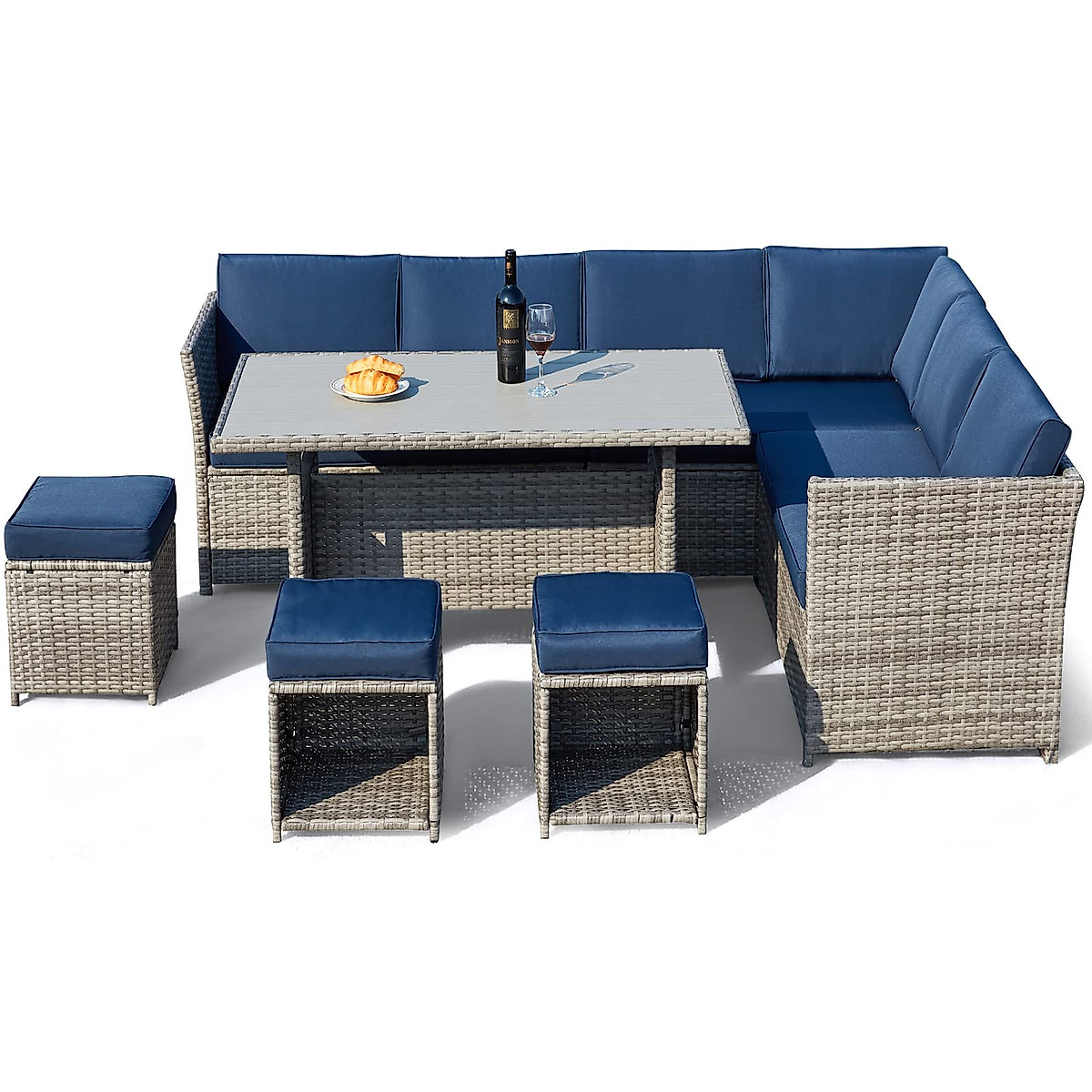 AVAWING 7 Pieces Patio Furniture Sets, Outdoor Dining Sectional Rattan Couch Sofa w/Ottoman Chairs, All-Weather Wicker Conversation Set for Lawn, Backyard, Garden, Poolside, Balcony, Blue
