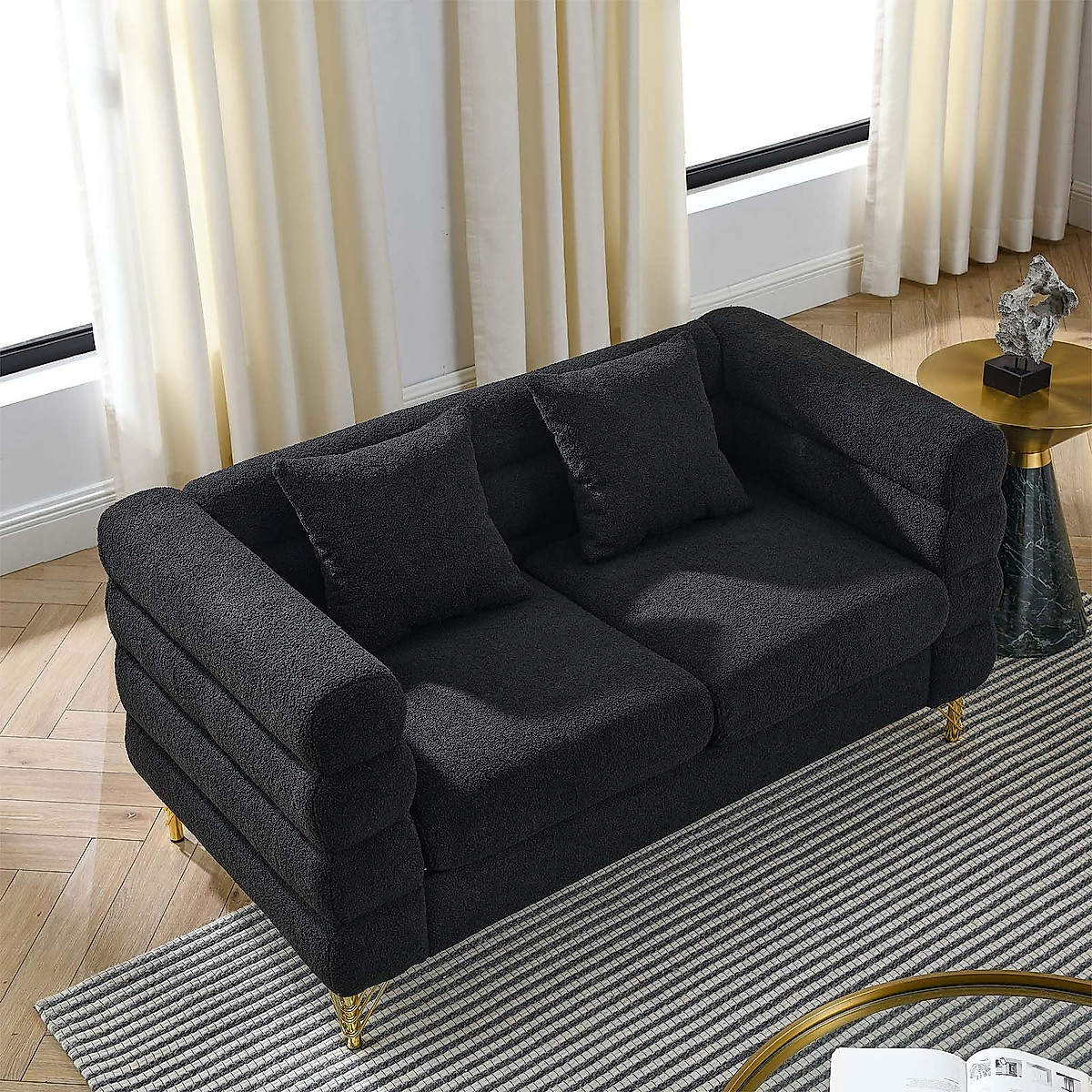 60-inch Couches for Living Room, Modern Teddy Fabric Upholstered Loveseat Sofa Couch with Square Arm and 4 Golden Metal Legs for Living Room, Office, Apartment, Black