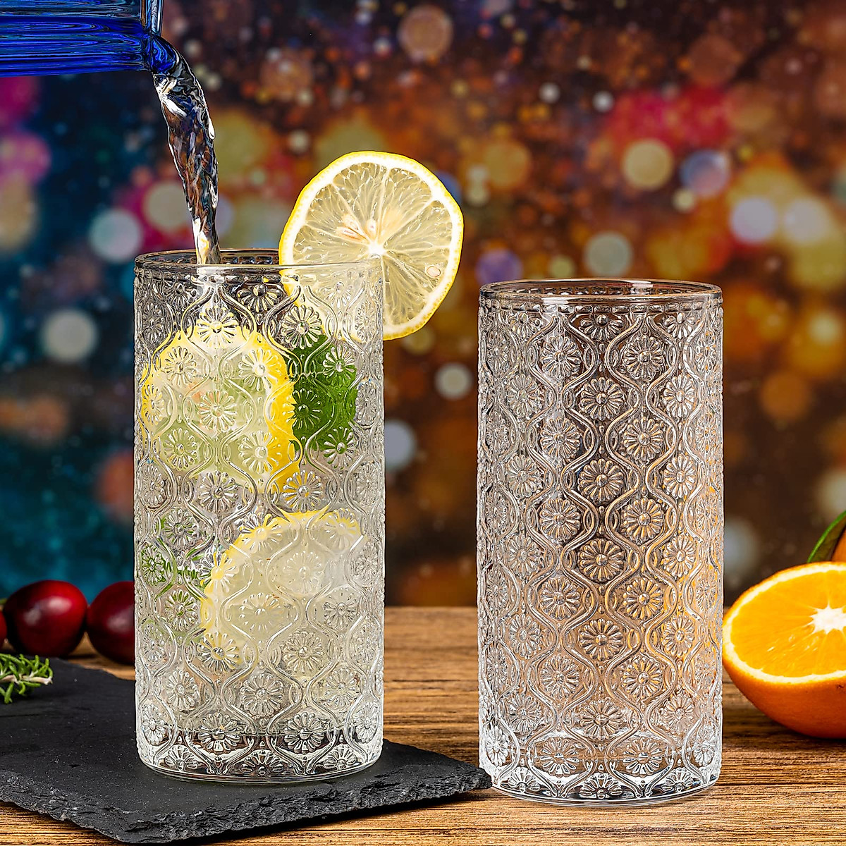 Vintage Glassware Highball Drinking Glasses - 13 Oz Cocktail Glasses Set of 6 Floral Glass Cups Embossed Cocktail Juice Water Coffee Cups - Lead-Free & Dishwasher Safe - Ideal Gifts