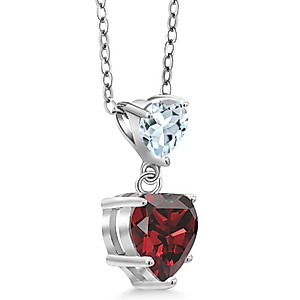 Gem Stone King 925 Sterling Silver Red Garnet and Sky Blue Aquamarine Double Heart Pendant Necklace for Women (2.42 Cttw, Heart 8MM and 5MM, with 18 Inch Silver Chain)