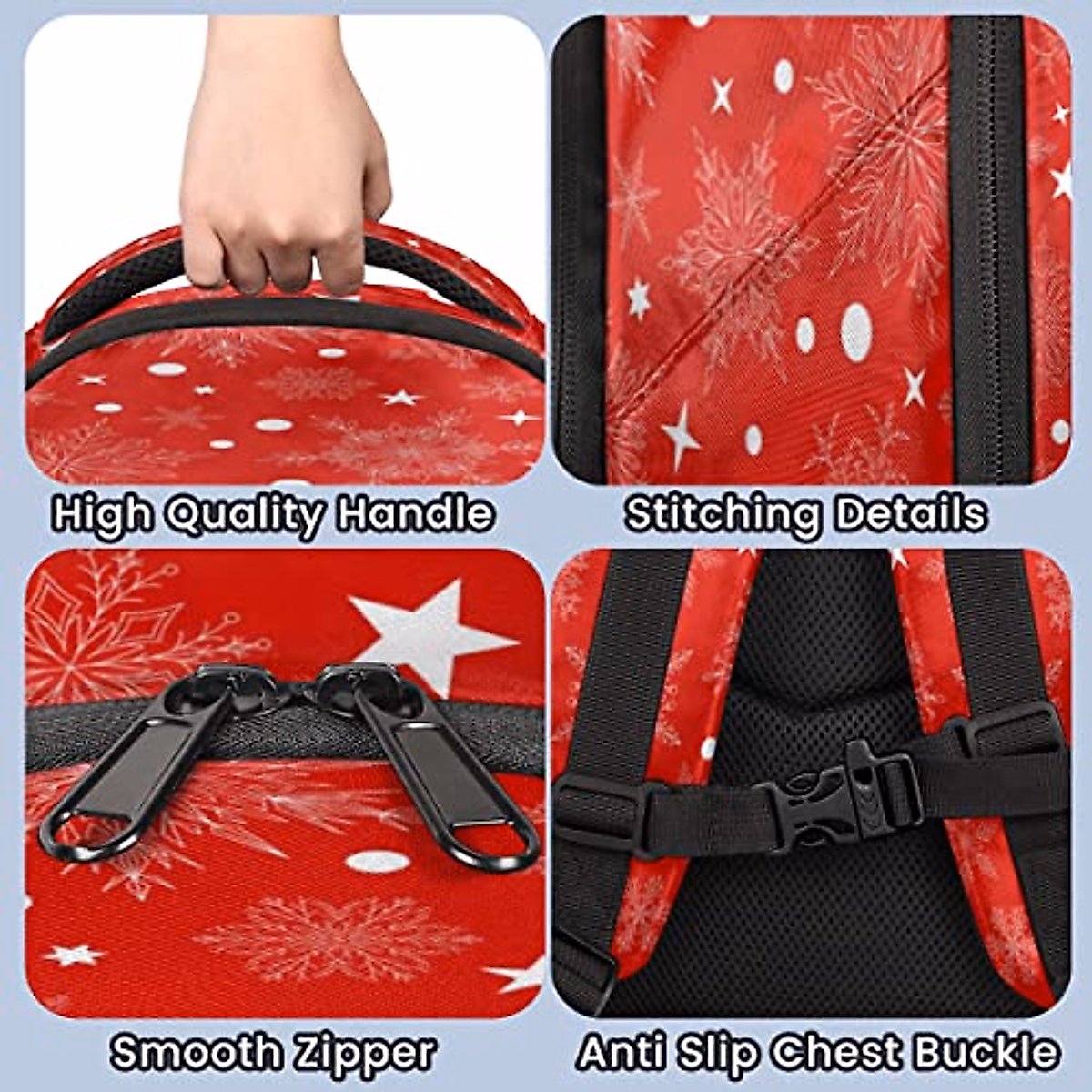 Christmas Snowflake White Dot Backpack with Reflective Strip, Red Lightweight Backpack Travel Bag Casual Daypack Laptop Bag