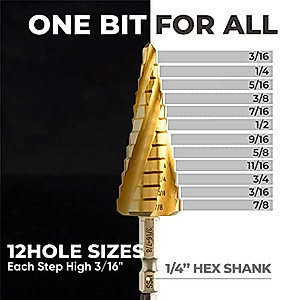 toolant Four Sprial Flute Step Drill Bit, 3/16"-7/8" Impact Ready Titanium Coated Unibit Step Bit, 1/4" Hex Shank Unibit for Metal, Stainless Steel, Aluminum, Wood, Plastic