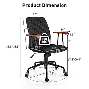 Giantex Home Office Desk Chair Black, Vintage Adjustable Swivel Rolling Chair with Copper Wheels & Armrest, Mid Century Leisure Chair, Velvet Upholstered Computer Chair for Work, Study