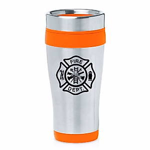 16oz Insulated Stainless Steel Travel Mug Coffee Mug Tumbler Fire Department Maltese Cross Firefighter (Orange)
