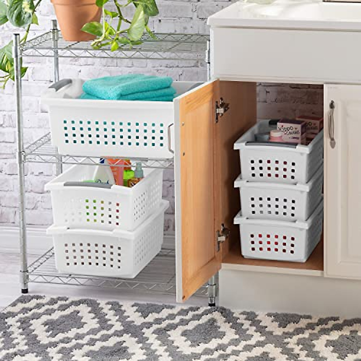 Sterilite Medium Stacking Basket Plastic, White, 10 Pack