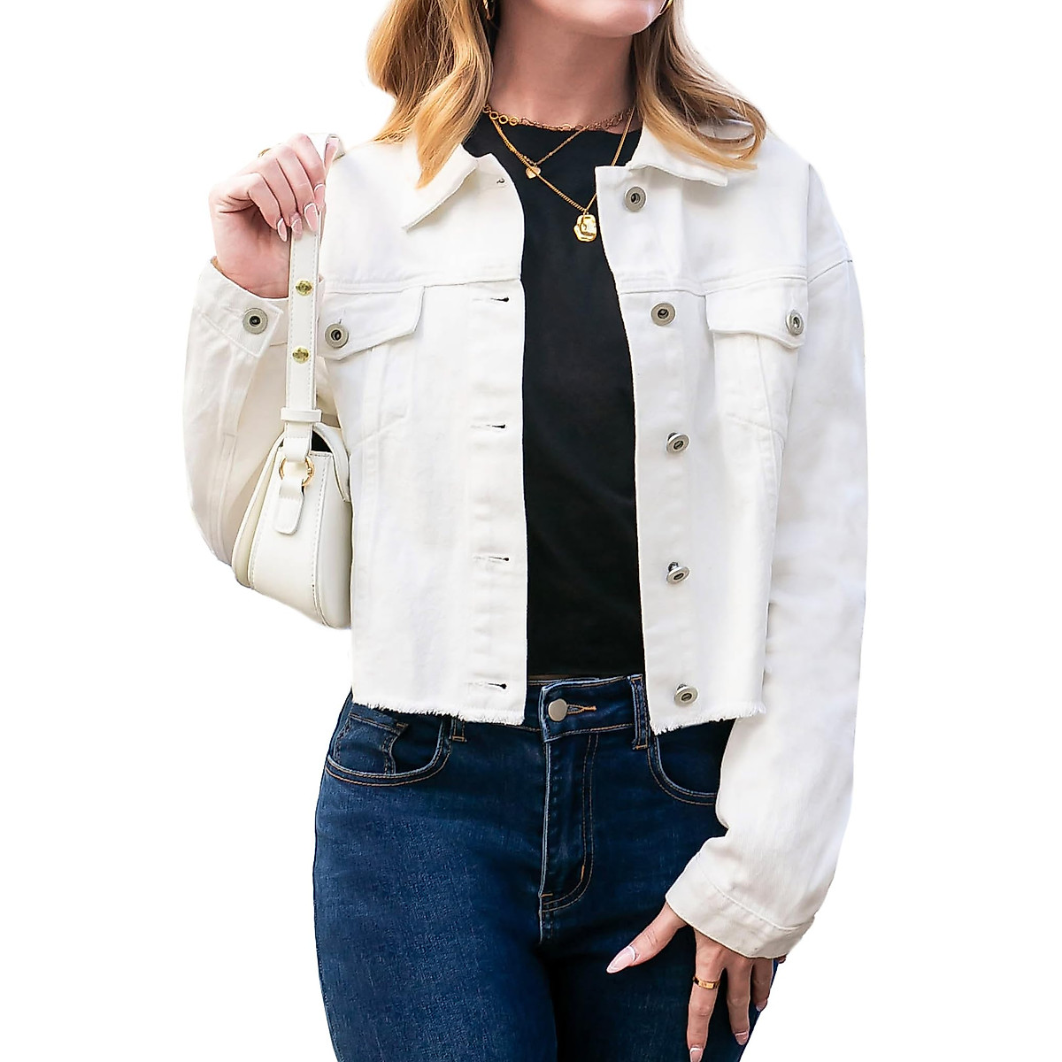 Anna-Kaci Women's Denim Jacket Cropped Raw Hem Casual Button Down Jean Jacket with Pockets, White, Large