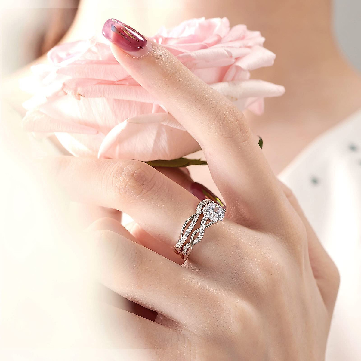 SHELOVES 925 Sterling Silver Wedding Rings Set for Women Infinity Bridal Ring Sets Round CZ Size 7