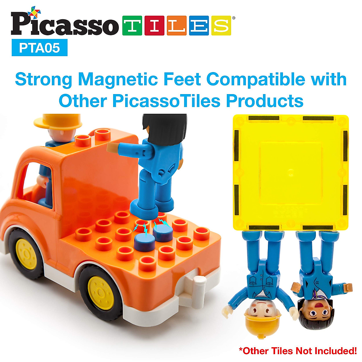 PicassoTiles Magnetic Figures 5 Piece Vehicle and Action Figure Set Including School Bus, Car, Truck and 2 Drivers Magnet Expansion Pack Toddler Toy Kit Pretend Playset for Construction Building Block