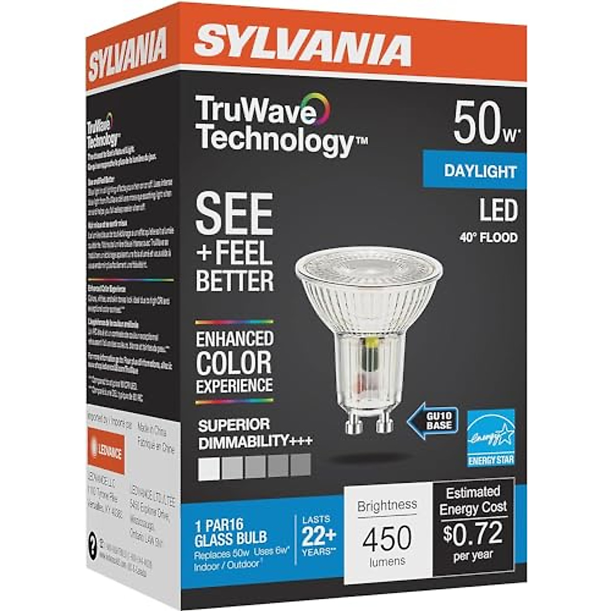 Sylvania LED TruWave Natural Series PAR16 Light Bulb, 50W Equivalent Efficient 6W, GU10 Bi-Pin Base, Dimmable, 5000K, Daylight - 1 Pack (40933)