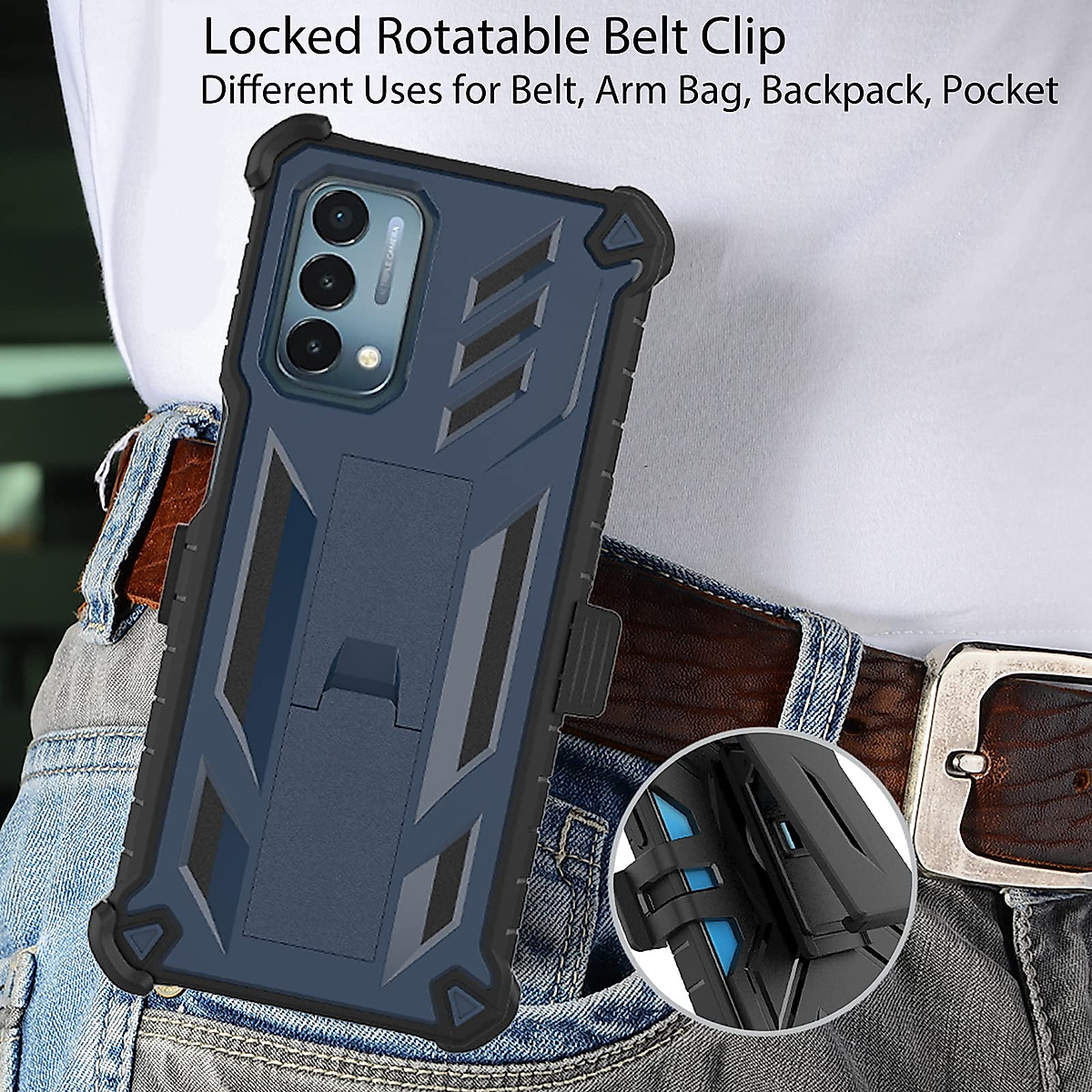 Ailiber Compatible with OnePlus Nord N200 5G Case, Nord N200 Case Holster with Screen Protector, Swivel Belt Clip Holster Kickstand Holder, Heavy Duty Armor Shockproof Cover for 1+ Nord N200-Blue
