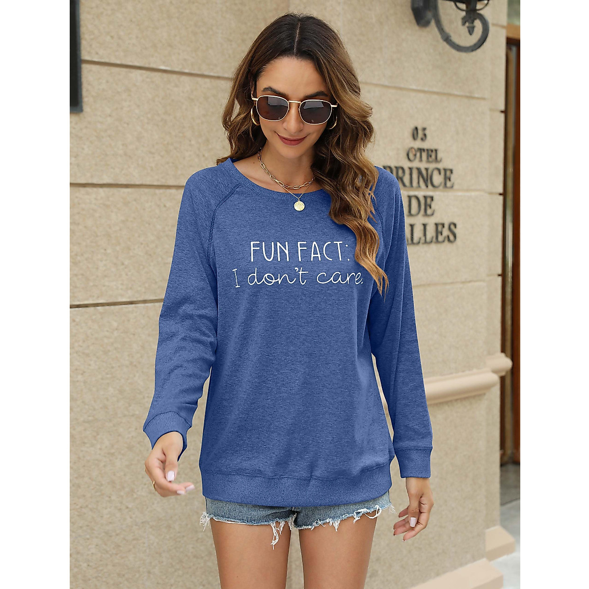 EADINVE "FUN FACT: I don't care Letter Print Women's Crewneck Sweatshirt Raglan Long Sleeve Casual Pullover Tops Blue Medium