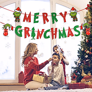 Glitter Merry Christmas Banner Red Green Glittery Christmas Banner Xmas Garland Banner Christmas Party Decorations for Home Wall Mantle Fireplace Party Supplies