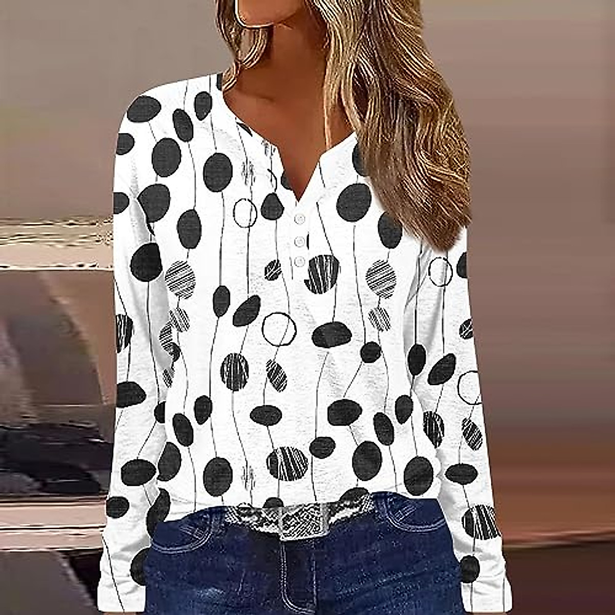 Blouses for Women Business Casual Fashion Basic Dot Line Pattern Print Tops Long Sleeve Henley Tunic Pullover Fall Winter V Neck Button Down Tee Shirts Navy 2XL