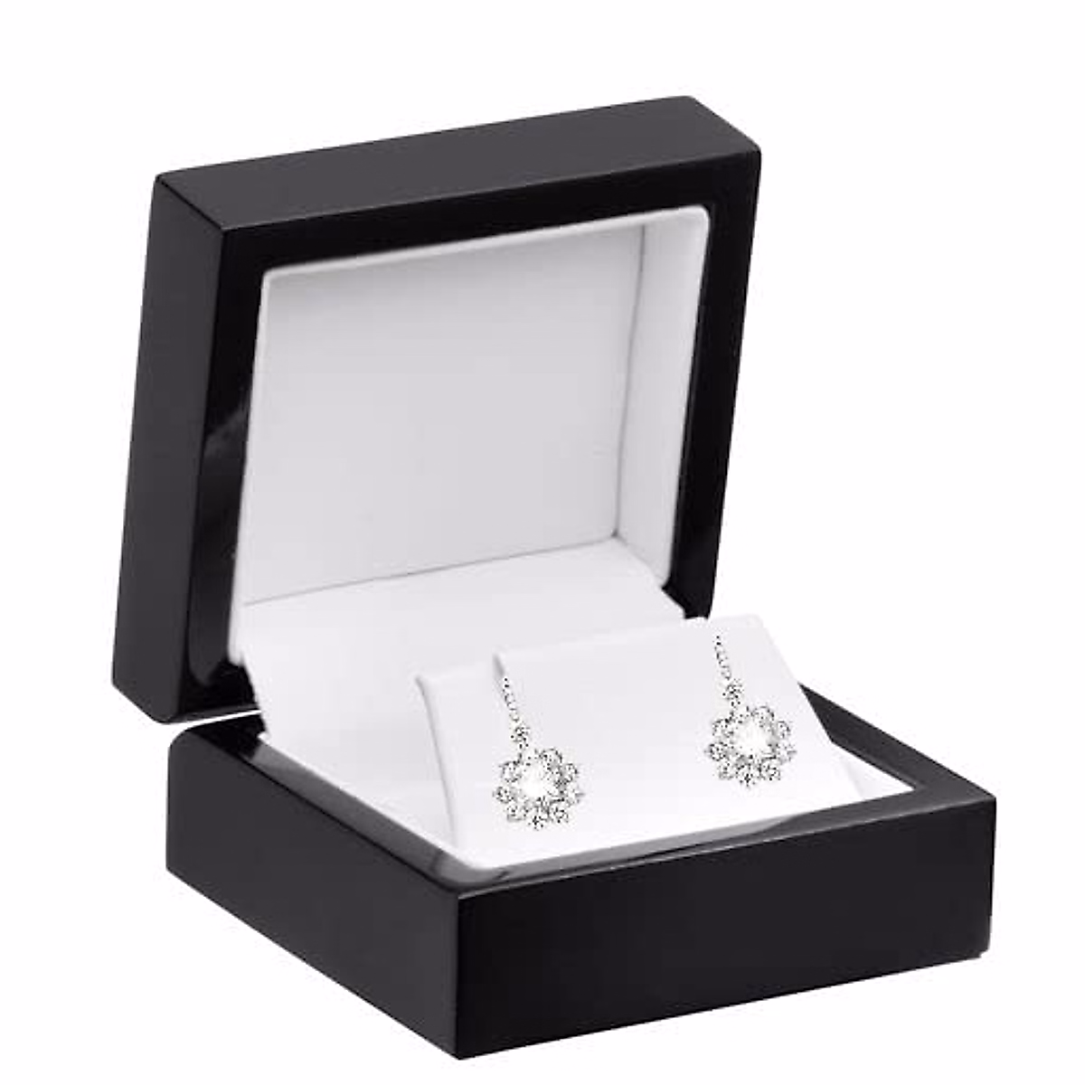 ALLUREPACK Allure - Wooden Earring Box - Black Wood Jewelry Gift box, With High Polish Lacquered Gloss Finish And Cream Colored Leather Interior, For Unique Proposal, Engagement Or Wedding.