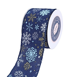 VATIN White/Gold/Blue Snowflake Wired Ribbon Ribbon,2-1/2 Inch x Continuous 10 Yards Spool Christmas Tree Ribbon for Topper Bow,Christmas Wreath,Tree Decoration,Gift Wrapping