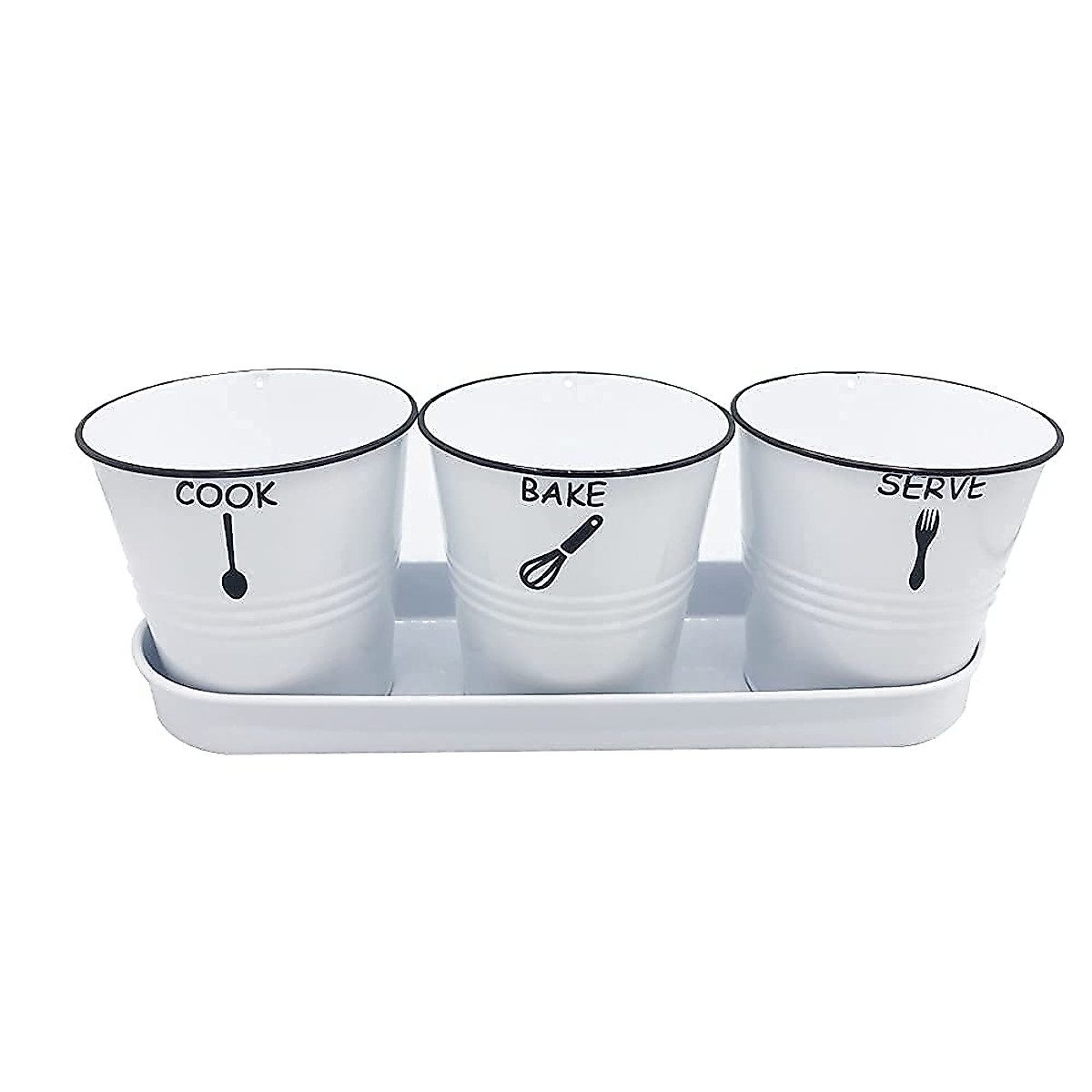 Hydrone Design Metal Utensil Holder Set with Tray, Kitchen Utensil Storage Caddy Flatware Organizer,White Farmhouse Countertop Decor