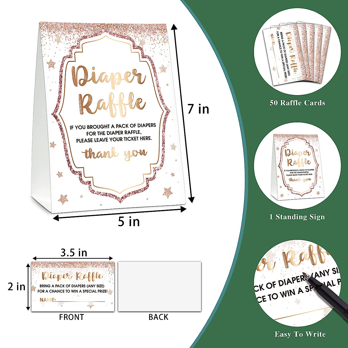 Diaper Raffle Baby Shower Game Set(1 Standing Sign + 50 Guessing Cards), A Little Princess Diaper Raffle Tickets for Baby Shower, Pink and Gold Baby Shower Party Favor Decor - B13