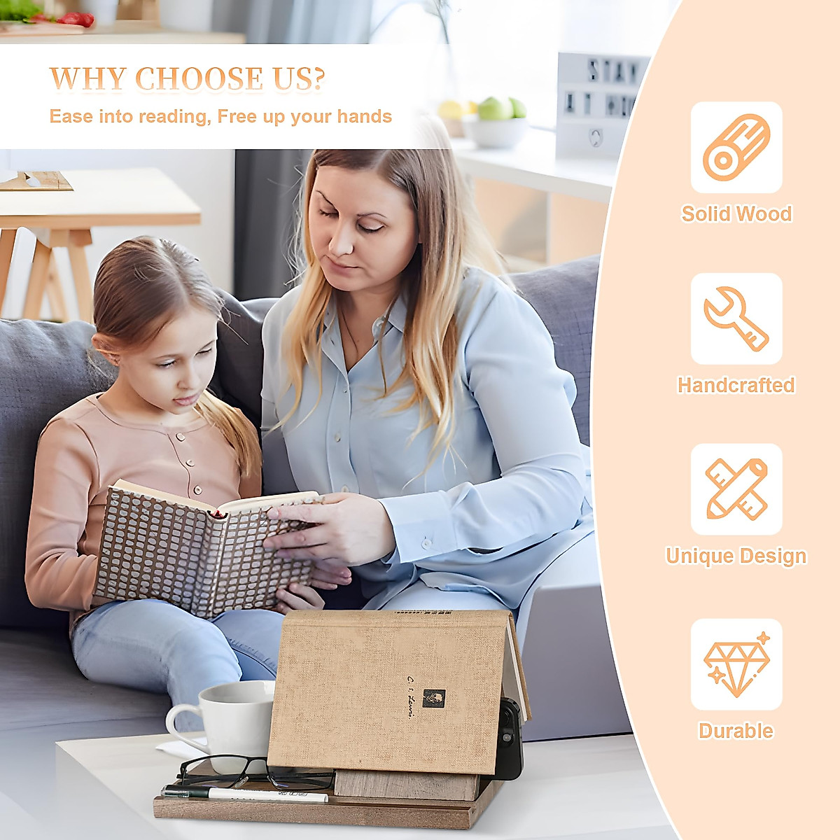 TEGIVONA Wood Small Bookshelf, Triangle Bookmark with Book Page Holder, Night Stand Book Holder, Mini Bookcase Rest with Coffee Drink Holder for Office, Book Rest and Mug Stand, Gifts for Book Lover