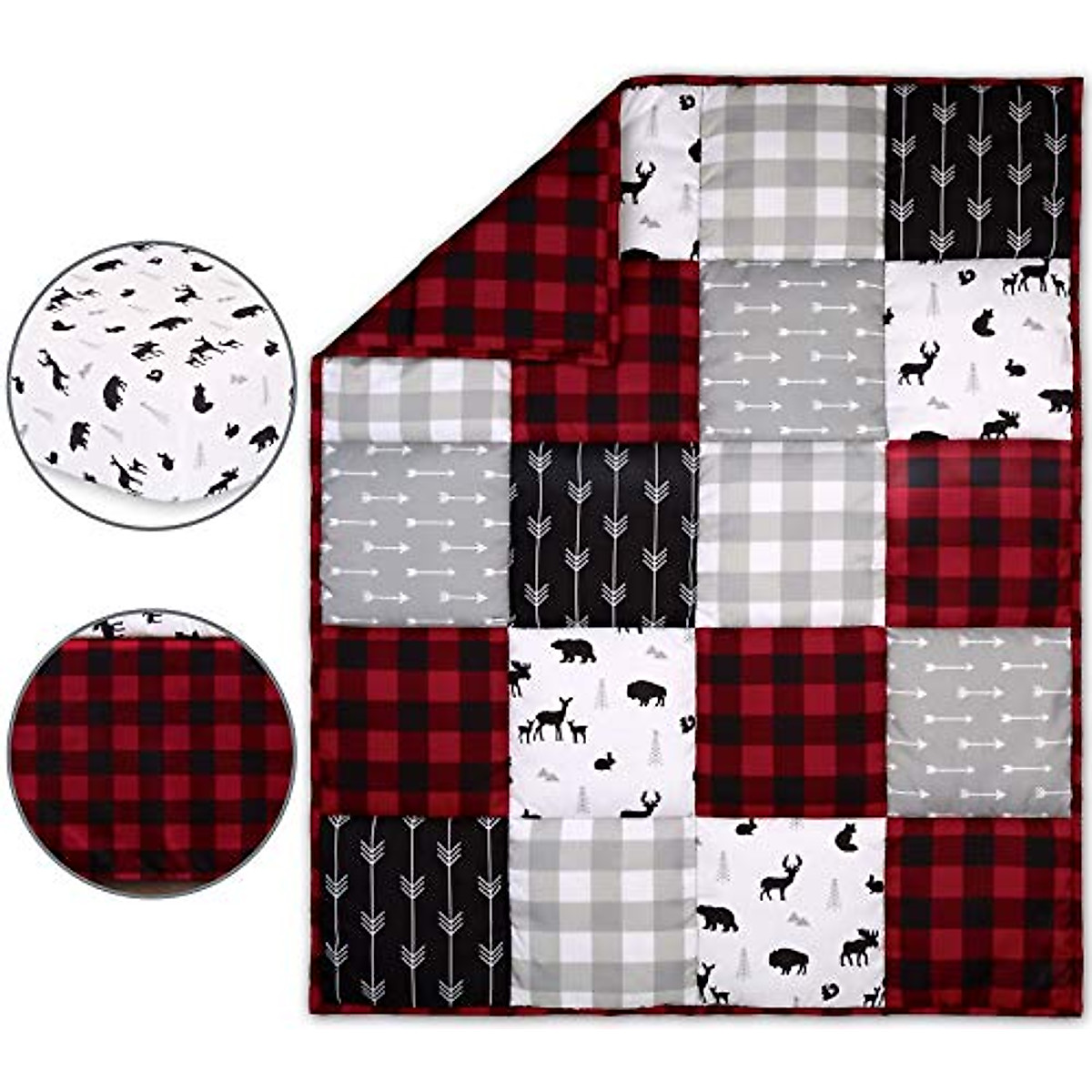 The Peanutshell Buffalo Plaid Crib Bedding Set for Boys or Girls, Woodland Animals, 3 Pieces