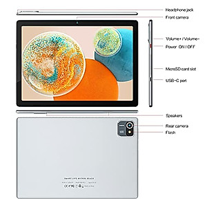 Mouikei 10 inch Tablet Android 12 Tablets, Quad-Core Tablet PC, 32GB ROM 128GB Expand, 5000mAh,1280x800 HD Touch Screen, Bluetooth, WiFi, Dual Camera, GPS, Silver