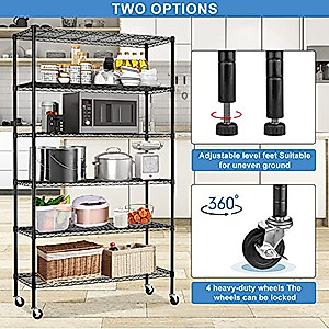 Hkeli Storage Metal Shelf Heavy Duty Wire Shelving Unit with Wheels 48inchx18inchx82inch Sturdy Steel Adjustable NSF 6 Tier Rack Standing Garage Shelves for Restaurant Garage Kitchen, Black