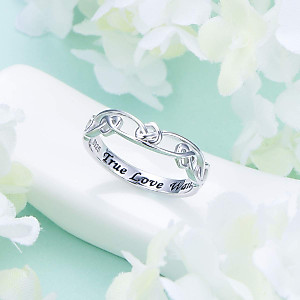 DAOCHONG S925 Sterling Silver Engraved True Love Waits Celtic Love Knot Ring for Women Girlfriend Wife Wedding Engagement Ring Size 7