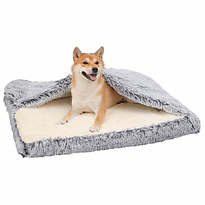 Dog Bed with Cover Cave, Orthopedic Dog Bed with Blanket, 33.5 * 27.6'' Rectangle Pet Crate Bed Cozy Cuddler Mat, Anti-Anxiety Memory Foam Calming Pad for Puppy Cat with Removable Washable Cover