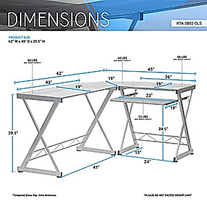 Techni Mobili L Shaped Desk with Keyboard Tray - Efficient Work from Home Desk - Glass L Shaped Desk - Professional Work Desk For Home Office - Versatile Glass Corner Desks for Home Office