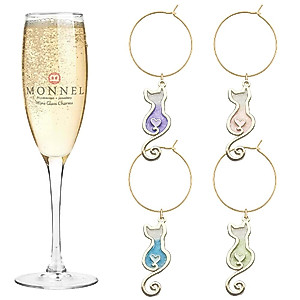 MONNEL P538 Assorted Pet Cats Kitty Wine Charms Glass Markers Tags for Party Decorations with Velvet Bag- Set of 4