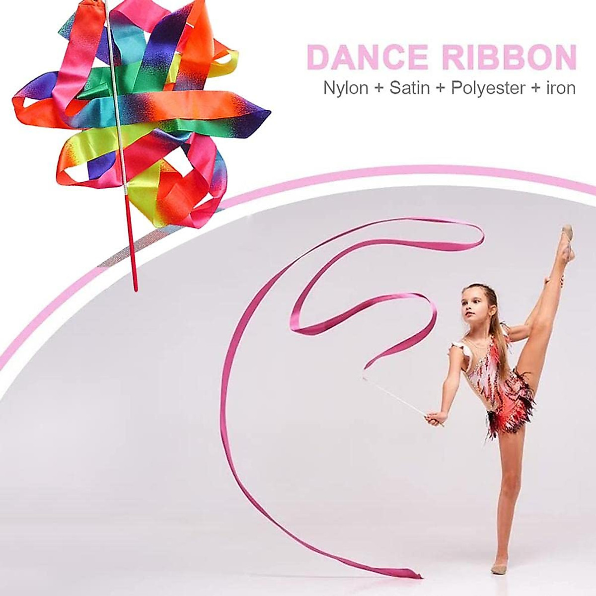 4m Dance Ribbons Rainbow Streamers Rhythmic Gymnastics Ribbon Baton Twirling Wands on Sticks for Kids Artistic Dancing(#1)