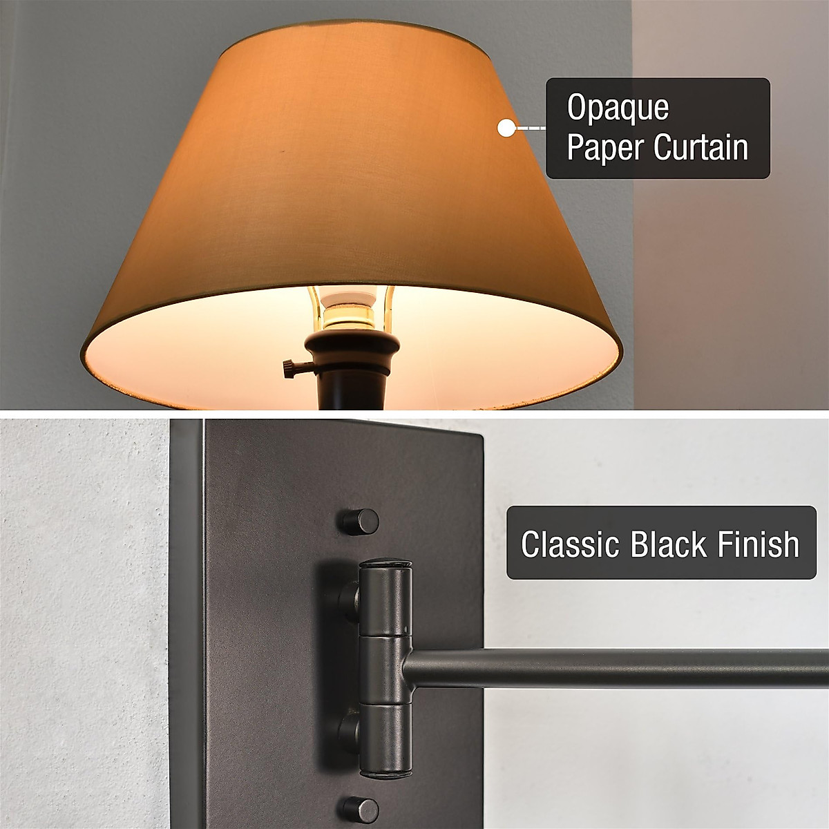Kira Home Cambridge 15" Swing Arm Wall Lamp - Plug in/Wall Mount, Opaque Paper Shade, 150W 3-Way + Cord Covers, Black Finish