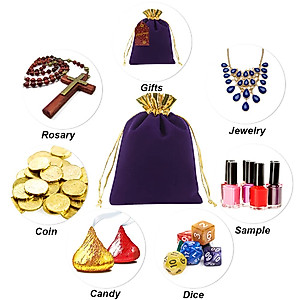 HRX Package 10pcs Velvet Bags with Drawstrings 5x7 inch, Purple Gold Cloth Jewelry Pouches Baggies Sacks for Small Gift Dice Party Favor