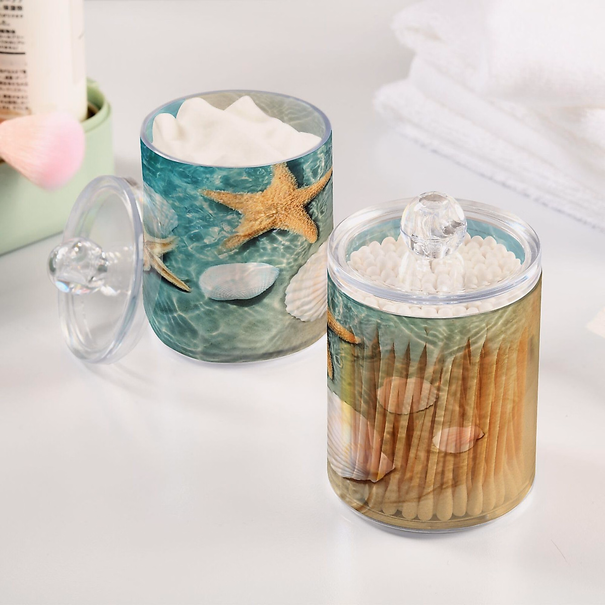 YEGAME 2 Pack Sandy Beach Qtip Holder Apothecary Jars with Lids, Clear Apothecary Jar Food Storage Container for Tea, Coffee, Cotton Balls, Dental Floss