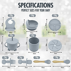 Blue Gray-10 Piece Silicone Baby Feeding Set-Baby Led Weaning Supplies-Baby Eating Supplies, Baby Plates/Toddler Plates, Bib, Sippy Cup, Baby Spoons First Stage 4 months, and Infant Silicone Fork