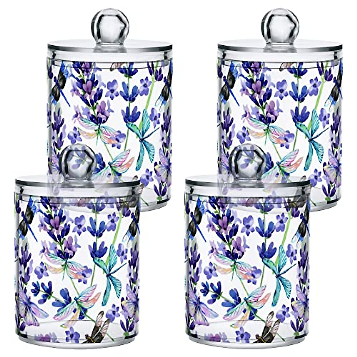 MNSRUU 2 Pack Qtip Holder Organizer Dispenser Dragonfly Lavender Bathroom Storage Canister Cotton Ball Holder Bathroom Containers for Cotton Swabs/Pads/Floss