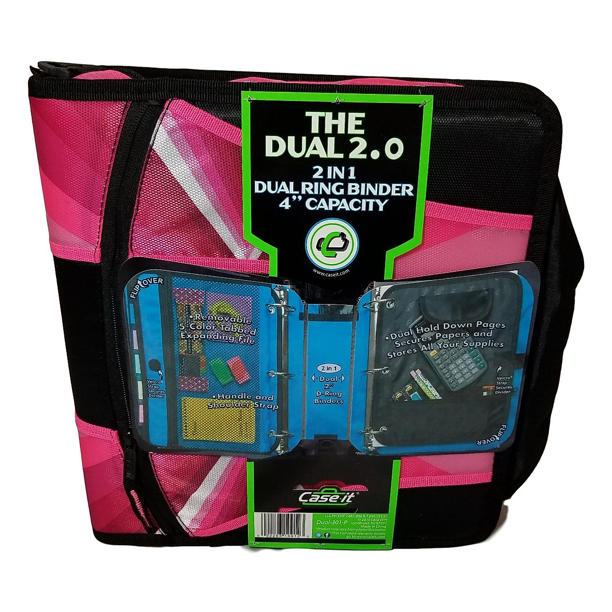 Yagoolh Case-it 2-in-1 Zipper D-Ring Dual Binder, 2 Sets of 2-Inch Rings, Pink V2, DUAL-301-P