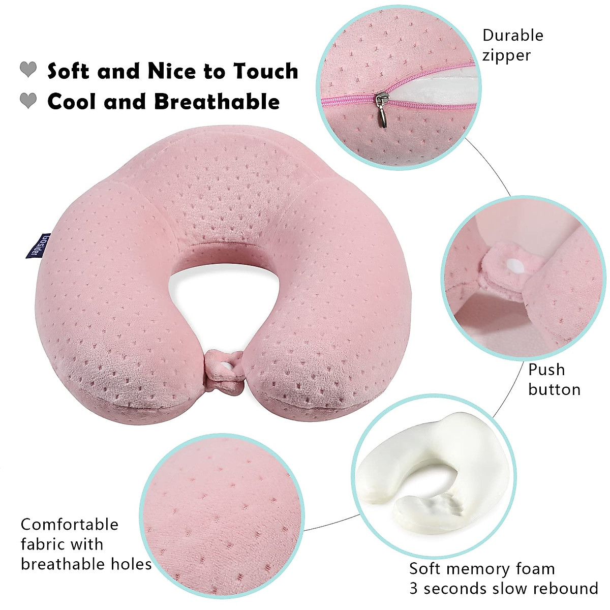 Gosider Neck Pillow Memory Foam Comfortable Travel Neck Pillow, Pink Airplane Pillow U Shape for Head and Neck Support, Portable Neck Pillows for Sleeping Travel Machine Washable