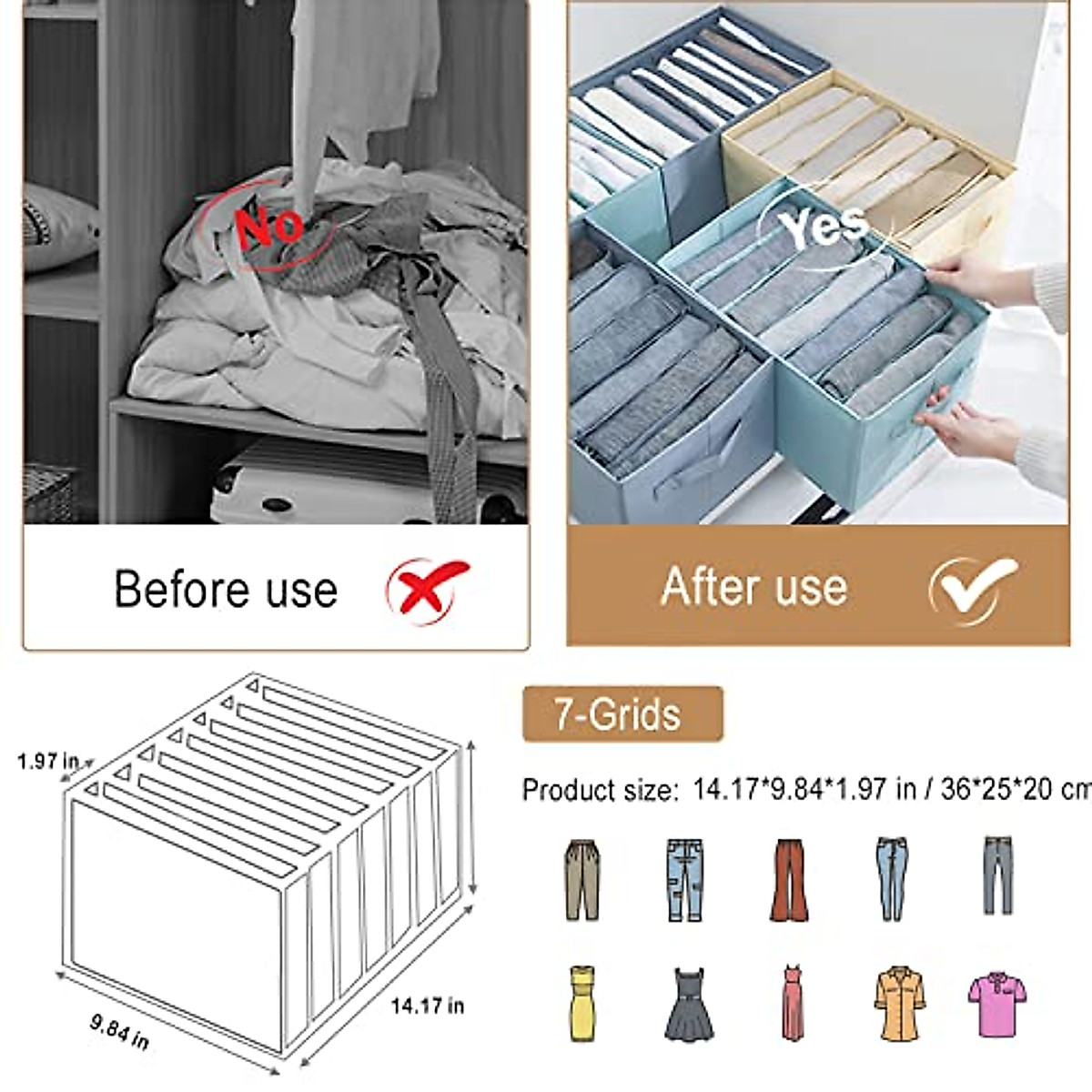 KIHONI Clothes Organizer for Folded Clothes Drawer Organizers for Clothing Closet Organizers and Storage Wardrobe Clothes Organizer for Jeans Pants, T-shirt, Dress (Built-in PP Board)