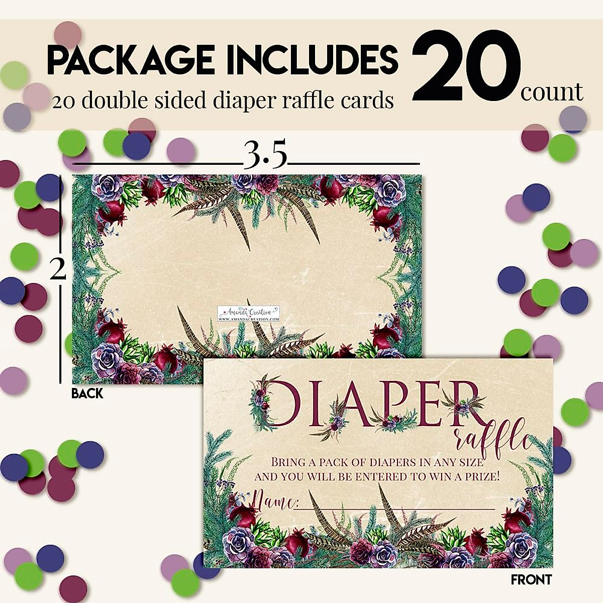 Amanda Creation Rustic Boho Watercolor Succulents, Pine, and Feathers Diaper Raffle Tickets for Baby Showers, 20 2" X 3” Double Sided Inserts, Bring a Pack of Diapers to Win Favors &