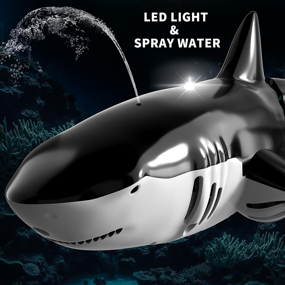 Bennol 2.4Ghz Remote Control Shark Toys for Boys Kids, 1:18 Scale High Simulation Shark for Pool, Electric RC Shark Fish Toys with Light & Spray Water Function for 4 5 6 7 8 9 Year olds Kid Boys Girls