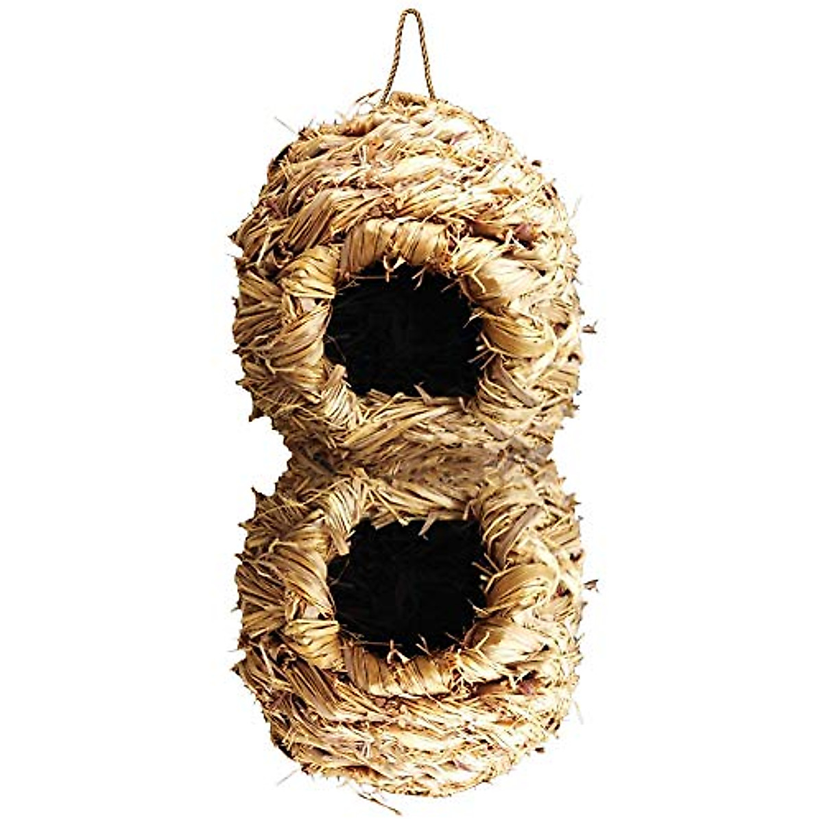 Meric Bird Nest Hut with 2 Pockets, Hand-Woven Grass Hanging House, Secure Hideaway and Shelter for Finch, Canaries, Chickadee, House Wren, Hummingbird, Sparrow, 1 Piece